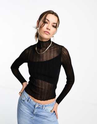 ASOS DESIGN - Top asymétrique en maille transparente et unie à col montant - Noir | ASOS