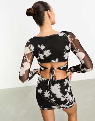 ASOS DESIGN - Top d'ensemble en tulle à encolure bateau et découpe au dos - Marron fleuri | ASOS