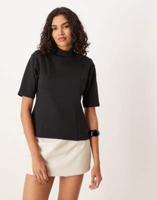ASOS DESIGN - Top en maille interlock avec col montant et manches mi-longues - Noir | ASOS