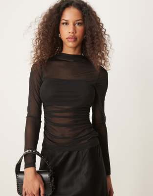ASOS DESIGN - Top manches longues à col montant et fronces sur les côtés - Noir | ASOS