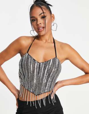 ASOS DESIGN - Top ornementé à franges et dos nu - Noir | ASOS