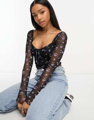 ASOS DESIGN - Top tendance folk années 90 à manches longues en tulle - Noir fleuri | ASOS