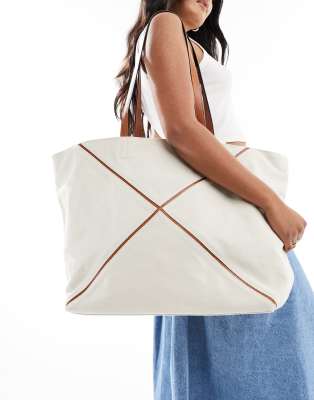 ASOS DESIGN tote bag with canvas panel detail in neutral | ASOS