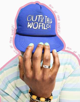 ASOS DESIGN trucker cap with contrast print in blue | ASOS