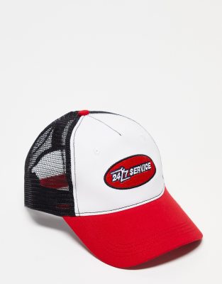ASOS DESIGN trucker cap with text badge in red and white | ASOS