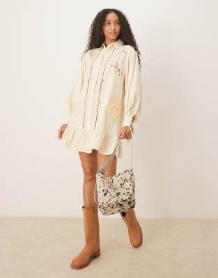 ASOS DESIGN twill broderie mini shirt dress with tonal stitching in ...