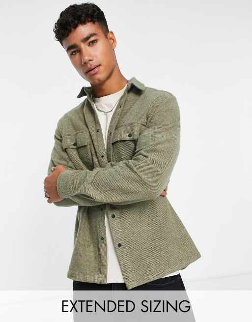 Asos Design Twill Overshirt In Khaki With Snap Buttons Asos