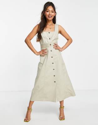 ASOS DESIGN twill square neck midi dress in beige | ASOS