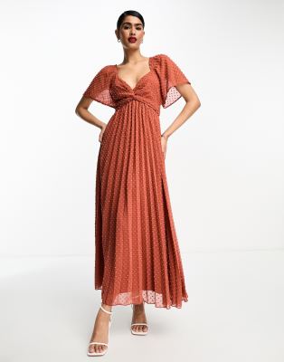 ASOS DESIGN twist front angel sleeve textured midi dress in dark rust ...