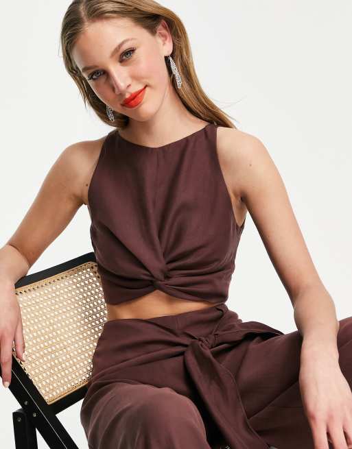 Asos Design Twist Front Top With Ruched Back In Chocolate Part Of A
