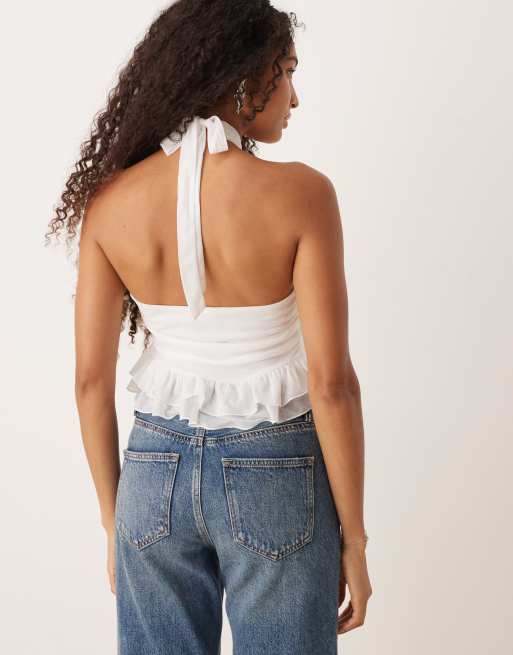 ASOS DESIGN twist halter neck ruffle top in ivory | ASOS