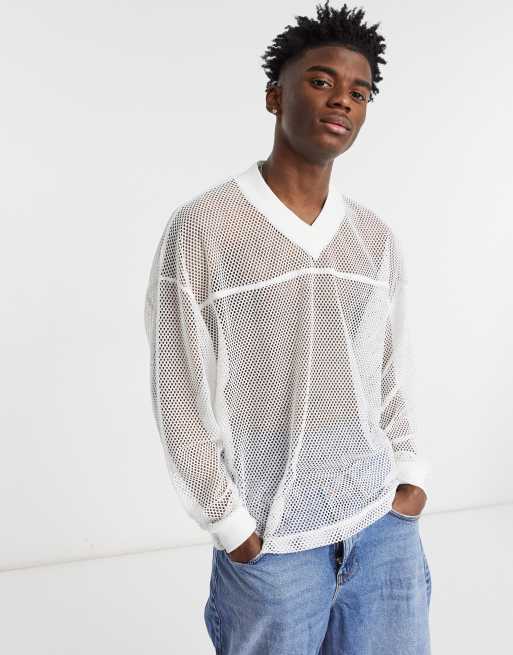 Asos Design Übergroßes Langärmliges Shirt Aus Netzstoff In Weiß Mit