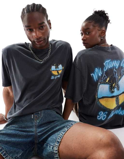 ASOS DESIGN unisex oversized license band tee in washed black with Wu ...