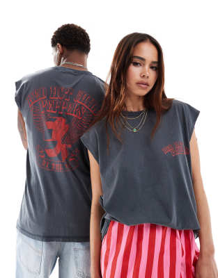 ASOS DESIGN unisex oversized singlet in washed black with Red Hot ...