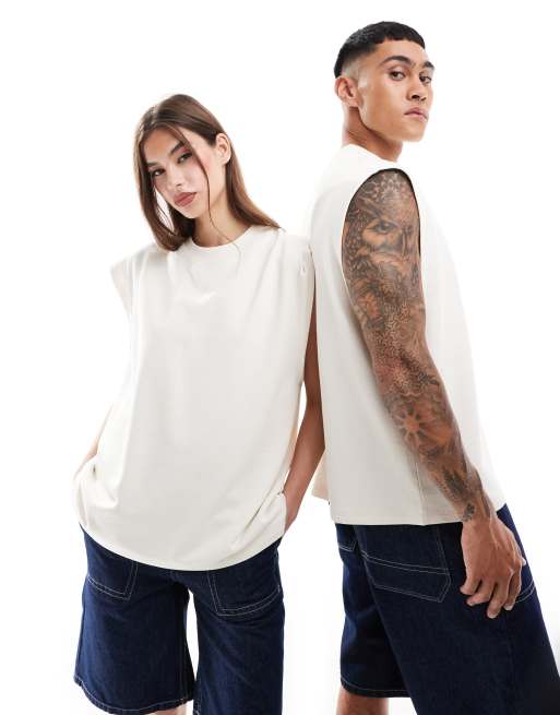 ASOS DESIGN unisex oversized singlet with crew neck in beige | ASOS