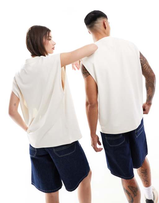 ASOS DESIGN unisex oversized singlet with crew neck in beige | ASOS