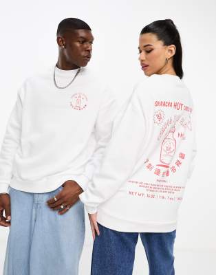 ASOS DESIGN unisex oversized sweatshirt with Siracha graphics in white ...