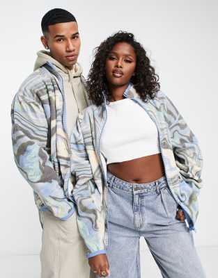 ASOS DESIGN unisex oversized zip thru jacket in fleece with all over ...