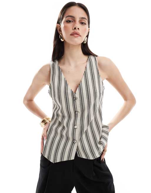Asos Design V Neck Button Front Linen Mix Vest In Stripe Asos