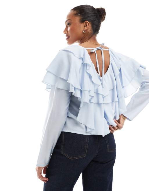 ASOS DESIGN v neck extreme ruffle blouse in blue | ASOS