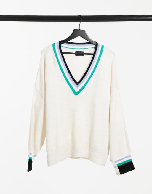 Asos Design V Neck Sweater With Tipping Detail In Cream Asos