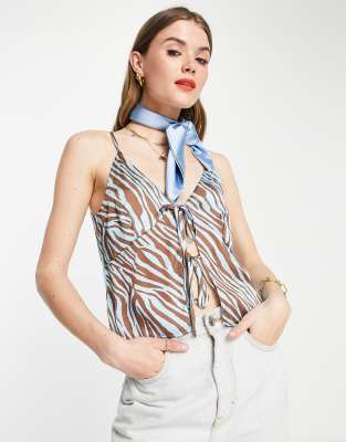 ASOS DESIGN v neck tie front cami in blue & brown zebra | ASOS