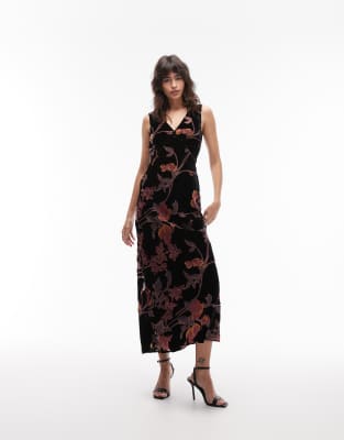 ASOS DESIGN V neck velvet devore maxi dress in black and pink floral ...