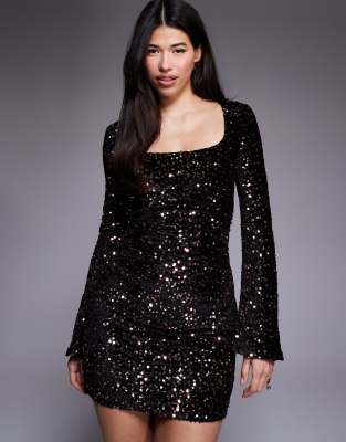 ASOS DESIGN velvet sequin square neck mini dress in bronze sequin | ASOS