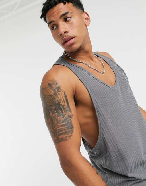 Asos Design Vest With Extreme Dropped Armhole And Scoop Neck In Grey