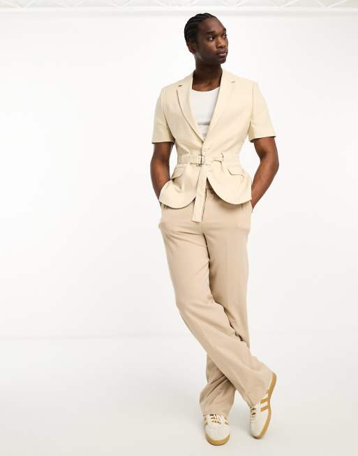 Asos Design Veste De Costume à Manches Courtes Et Ceinture Sable Asos