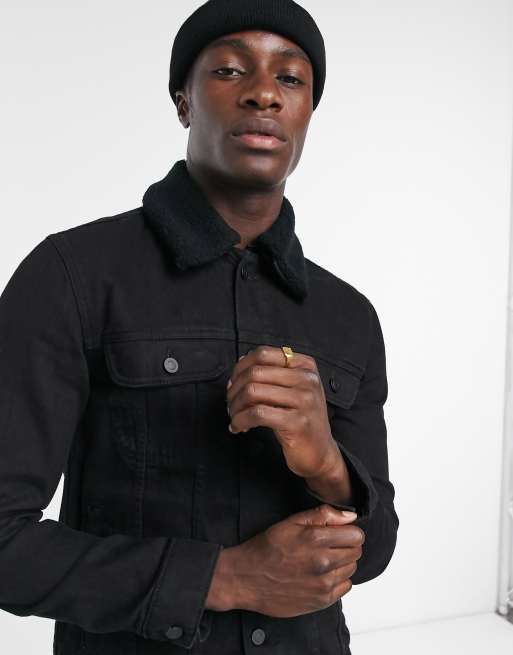 Asos Design Veste En Jean Avec Col En Imitation Peau De Mouton Noir