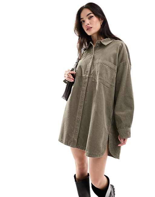 ASOS DESIGN - Vestito camicia oversize a coste kaki | ASOS ASOS DESIGN - Vestito camicia oversize a coste kaki | ASOS