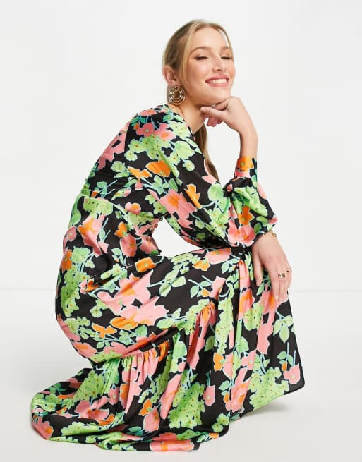 Asos Design Vestito Da Giorno Lungo Con Bottoni Sul Davanti In Raso