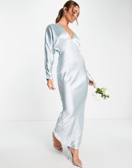 Asos Design Vestito Lungo Da Damigella In Raso Blu A Taglio Sbieco