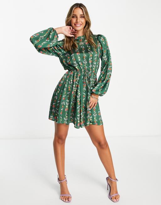 Asos Design Vestito Skater Corto Accollato In Raso Verde A Fiori