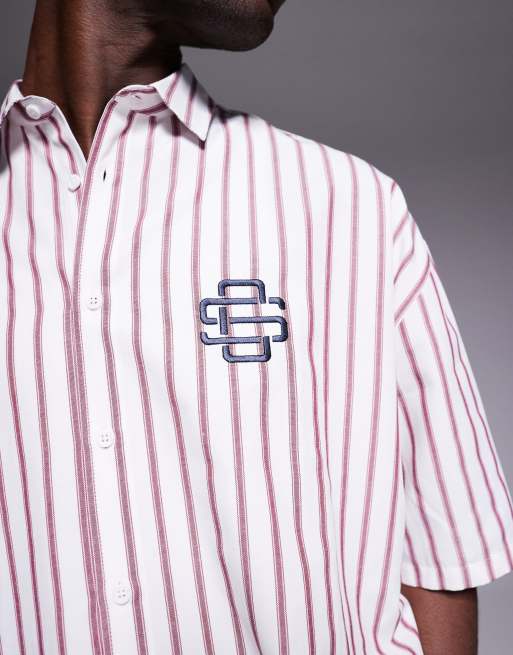 ASOS DESIGN volume oversized stripe shirt with chest embroidery in ...
