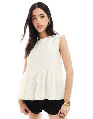 ASOS DESIGN volume peplum top with contrast stitch in buttermilk | ASOS