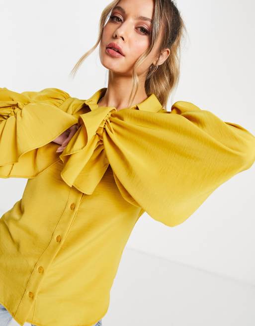 Asos Design Volume Sleeve Soft Shirt With Tie Cuffs In Honey Asos