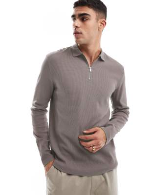 ASOS DESIGN waffle long sleeve polo with zip in purple | ASOS