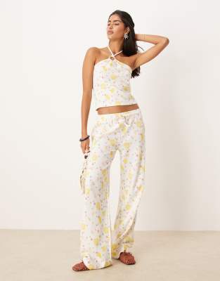 ASOS DESIGN waffle wide leg pants in lemon ditsy print (part of a set ...