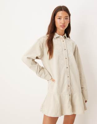 ASOS DESIGN washed cord embroidered shirt mini dress with peplum hem in ...