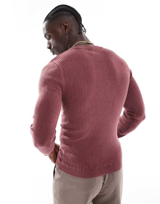 ASOS DESIGN washed knit muscle ribbed crew neck sweater in burgundy | ASOS