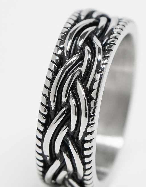 ASOS Design Waterproof Stainless Steel Band Ring with Plait Detail in Silver Tone