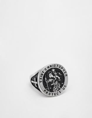 ASOS DESIGN waterproof stainless steel signet ring with st christopher ...