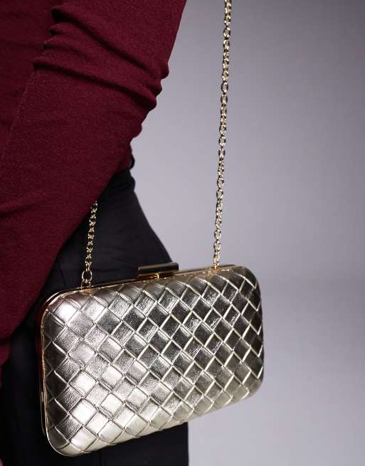 ASOS DESIGN weave box clutch bag with crossbody strap in gold | ASOS