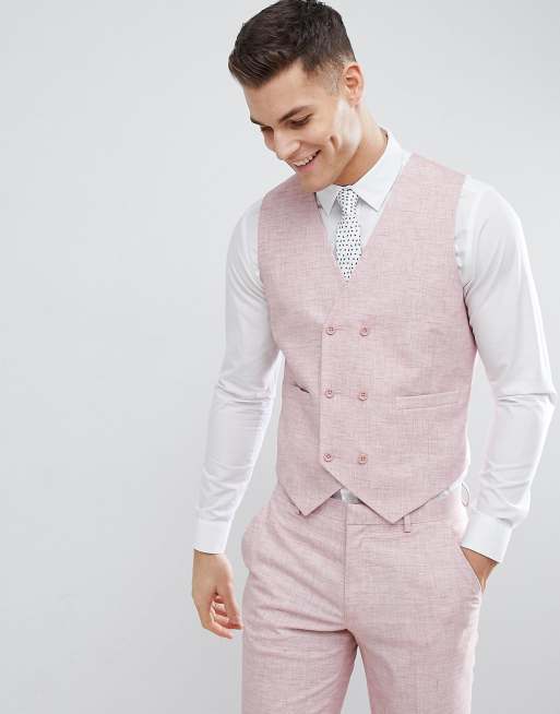 ASOS DESIGN wedding skinny suit in pink cross hatch with printed lining ...