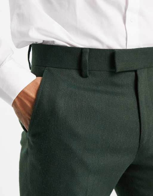 ASOS DESIGN wedding skinny wool mix pants in dark green basketweave ...