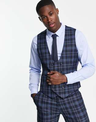 ASOS DESIGN wedding slim suit waistcoat in navy check | ASOS