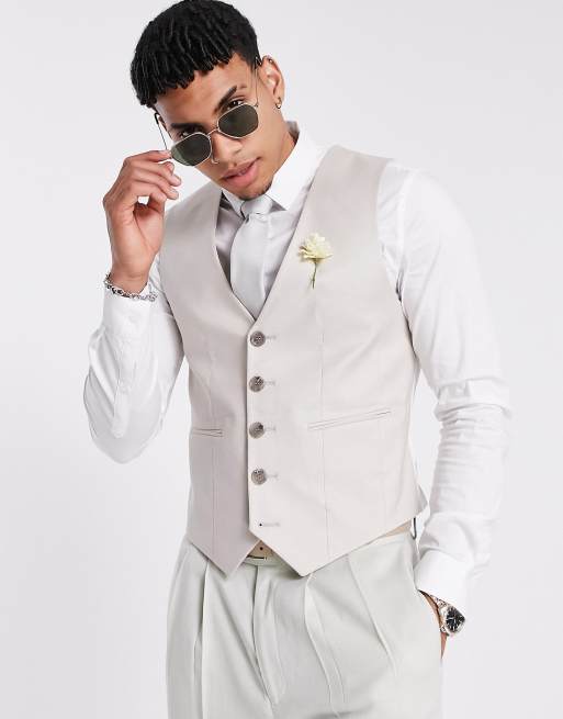 Asos Design Wedding Super Skinny Suit Waistcoat In Stone Linen Mix Asos