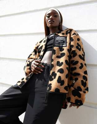 ASOS DESIGN Weekend Collective collarless fleece in leopard print with ...